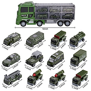 Hautton Diecast Military Vehicles Toy Set, 12 in 1 Mini Alloy Metal Army Battle-Car in Carrier Truck Transport Car Gift for Boys Kids Children