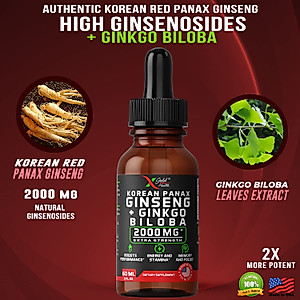 Korean Red Panax Ginseng 2000mg + Ginkgo Biloba Extra Strength Root Extract Supplement for Men & Women,High Ginsenosides, 2 fl oz Natural Advanced Liquid Extract for Energy, Performance & Focus