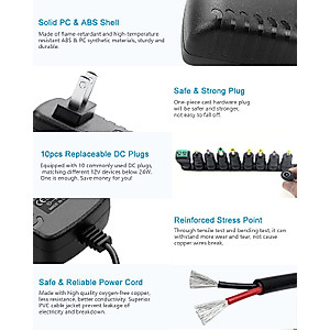 DC 12V 2A Power Supply AC DC Power Adapter with 10 Tips, DC in 12V 2A Power Cord,AC 100-240v, 50/60HZ, 5.5x2.5mm DC Output Jack,12V2a Adapter Converter Transformer