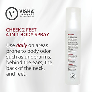 Visha Skincare Cheek 2 Feet 4 in 1 Body Spray for Men and Women, Decreases Bumpy Skin and Shave Bumps, Blemishes and Sweat Rashes, Aluminum Free Deodorizing Mist for Daily Use and After Workout 4fl oz