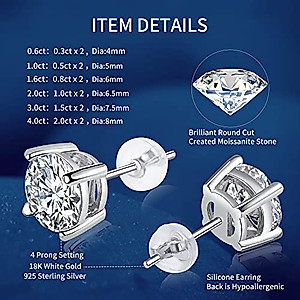 Moissanite Stud Earrings - 0.6ct-4ct D Color VVS1 Clarity Brilliant Round Cut Lab Grown Diamond - 18K White Gold Plated 925 Sterling Silver with Secure Friction Backings - Stylish Diamond Earrings with Square Gift Box