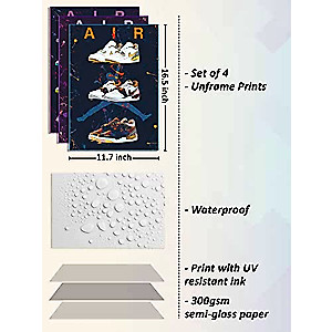Sneaker Air Jordan Wall Art Poster Prints Set of 4 No1, Shoes Poster Art Sports, Themed Wall Art For Basketball fans Boys Room, Shoes Collection Aesthetic Cool Poster for Teen Boys Guys Men Room Dorm Bedroom Wall Decor Size 11.7x16.5 inch UNFRAMED (Sneake