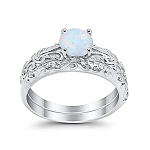 Blue Apple Co. Art Deco Two Piece Wedding Engagement Bridal Set Created White Opal Round Cubic Zirconia 925 Sterling Silver, Size-7