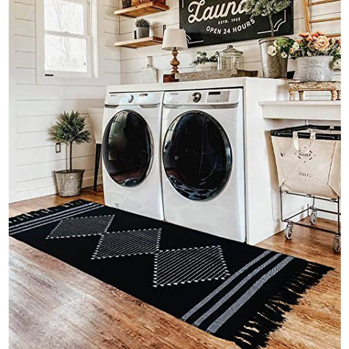 Boho Kitchen Rug Runner 2.3'x5.3' Bathroom Rugs with Tassels,Black Moroccan Farmhouse Cotton Bath Mat Woven Chic Cute Throw Sink Rug Washable for Hallway Bedroom Living Room Indoor Outdoor Decor
