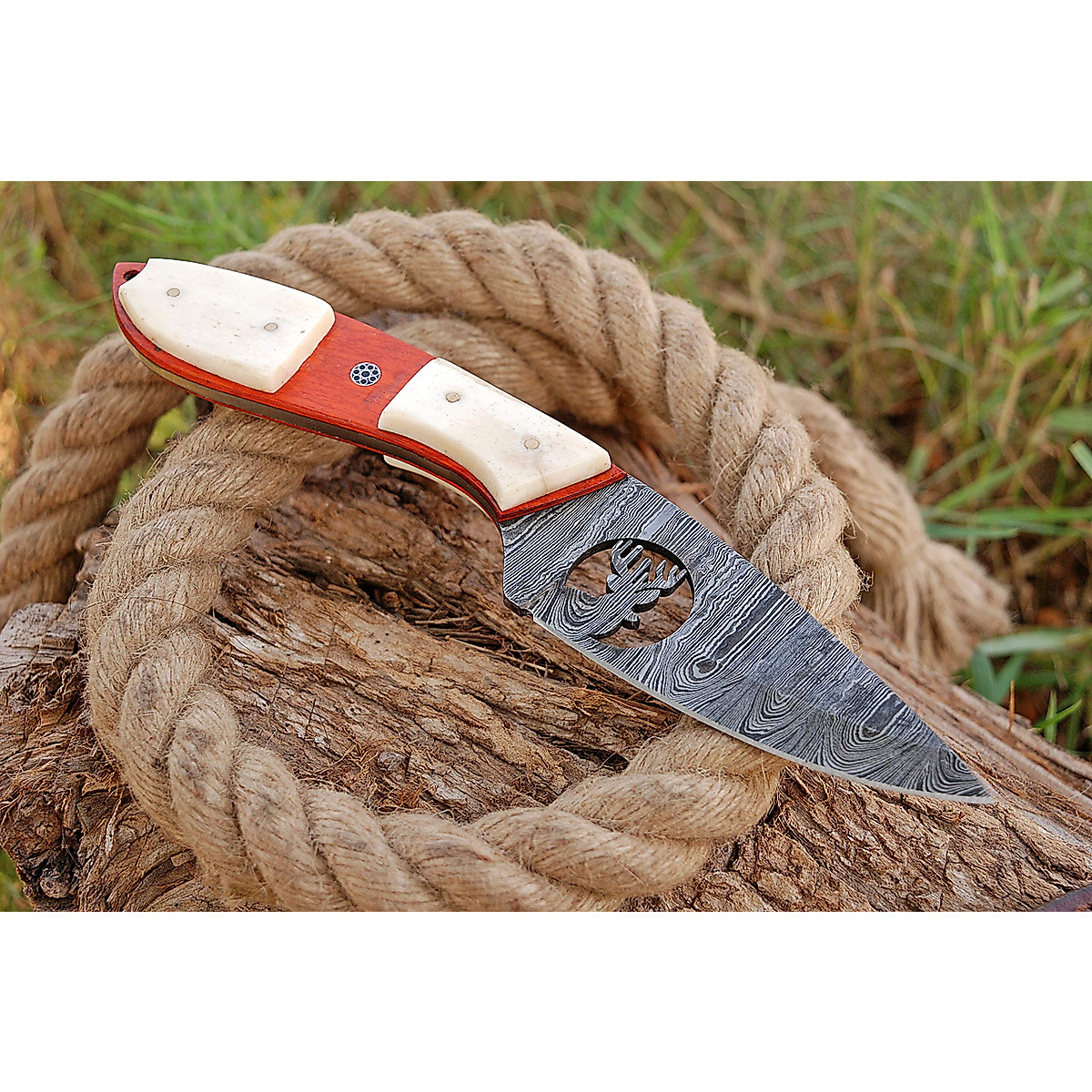 TMBrands Damascus Hunting Knife, Fixed Blade Knife, Camping Knife & Gift Knives with Rose Wood & Bone Handle & Leather Knife Sheath