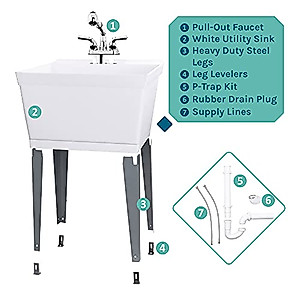 White Utility Sink Laundry Tub With Pull Out Chrome Faucet, Sprayer Spout, Heavy Duty Slop Sinks For Washing Room, Basement, Garage or Shop, Large Free Standing Wash Station Tubs and Drainage (White)