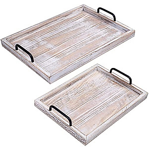 LotFancy Rustic Wood Serving Trays, Set of 2, Nesting Food Trays with Metal Handles, Decorative Charcuterie Board Platter for Ottoman, Coffee Table, Countertop Centerpiece