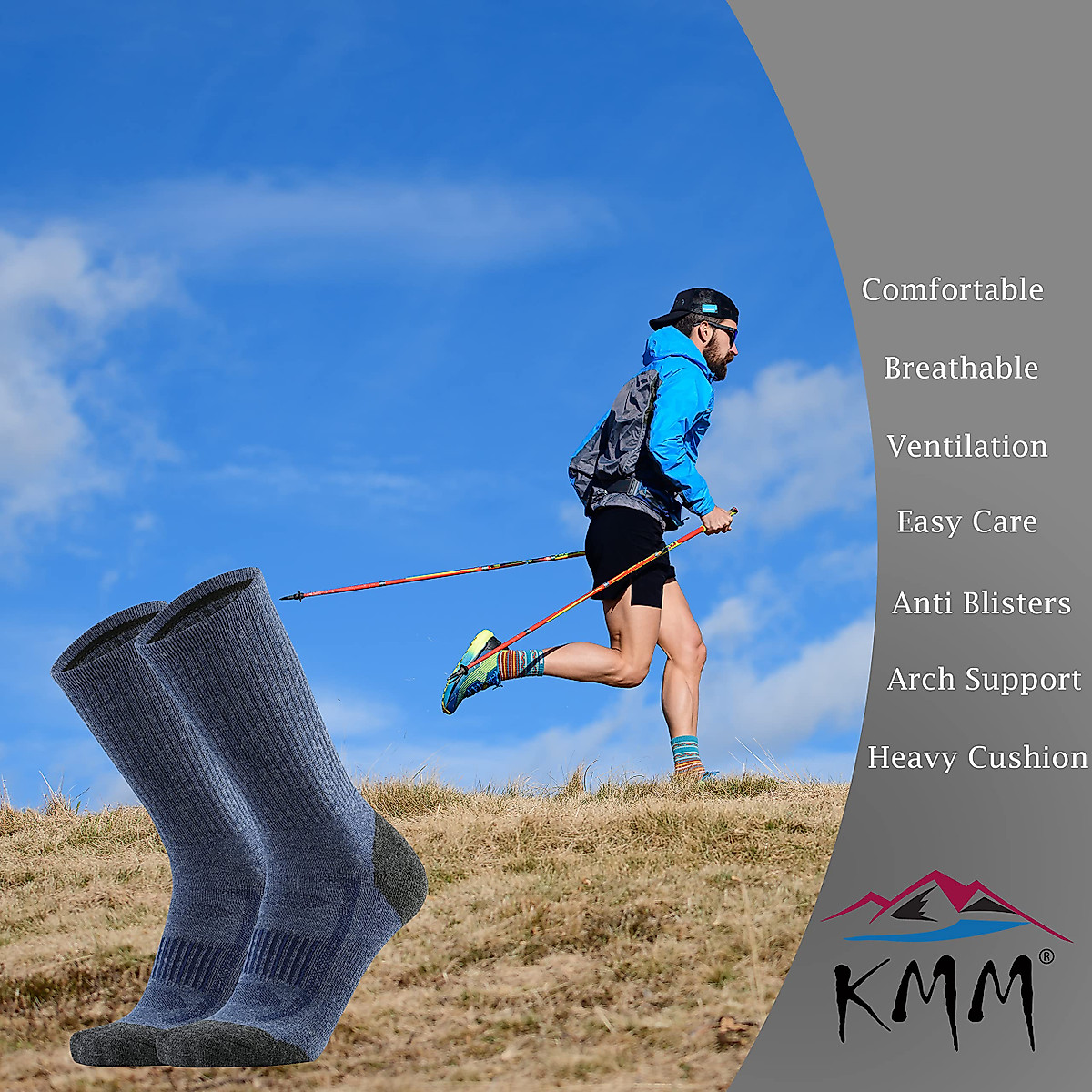 KMM Men's Merino Wool Cushion Crew Socks Moisture Wicking Control Medium Weight Warm for Outdoor Hiking Hike Trail Cycling(Denim L)