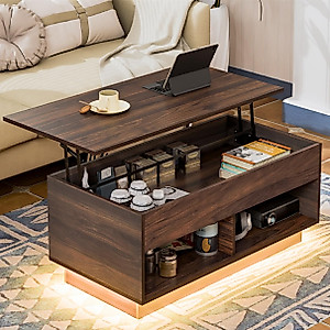 HOMMPA Lift Top Coffee Table with Hidden Storage LED Coffee Table Dark Walnut Living Room 3 Tiers Tea Table with Storage Center Tables Hidden Compartment & 2 Open Shelves