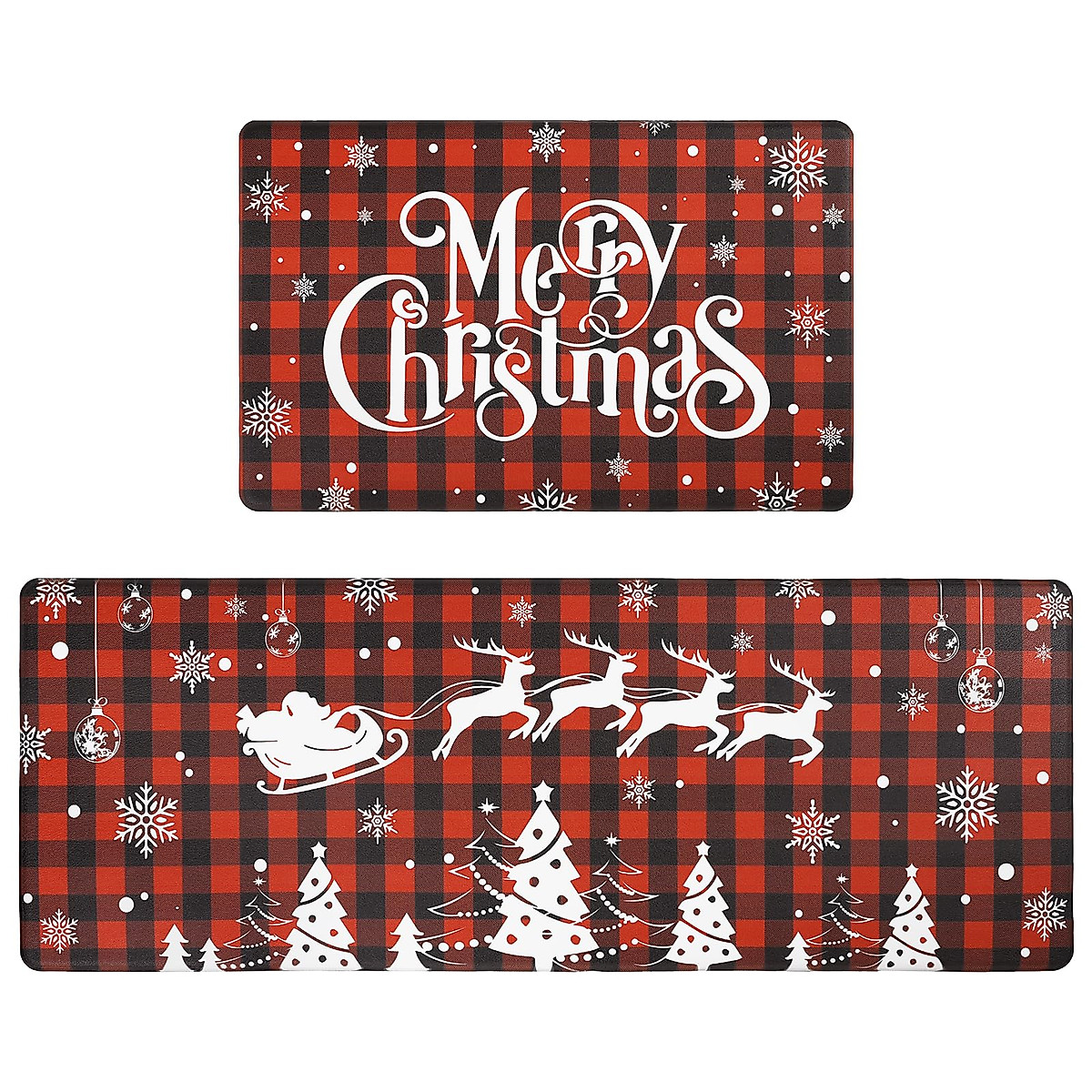 Bsmathom Christmas Anti Fatigue Kitchen Mat Set of 2, Waterproof Non-Slip Kitchen Mats and Rugs, Cushioned Buffalo Plaid Kitchen Rugs Comfort Floor Mat for Kitchen, Floor,Office, Sink, Laundry