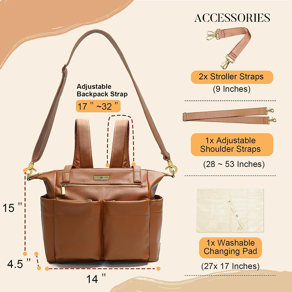 miss fong Diaper Bag Tote Leather Diaper Bag Backpack Large Tote Bag,Baby Diaper Bag for Women,Diaper Bag Purse with 11 Diaper Bag Organizer,Changing Pad, Stroller Straps,4 Insulated Pockets