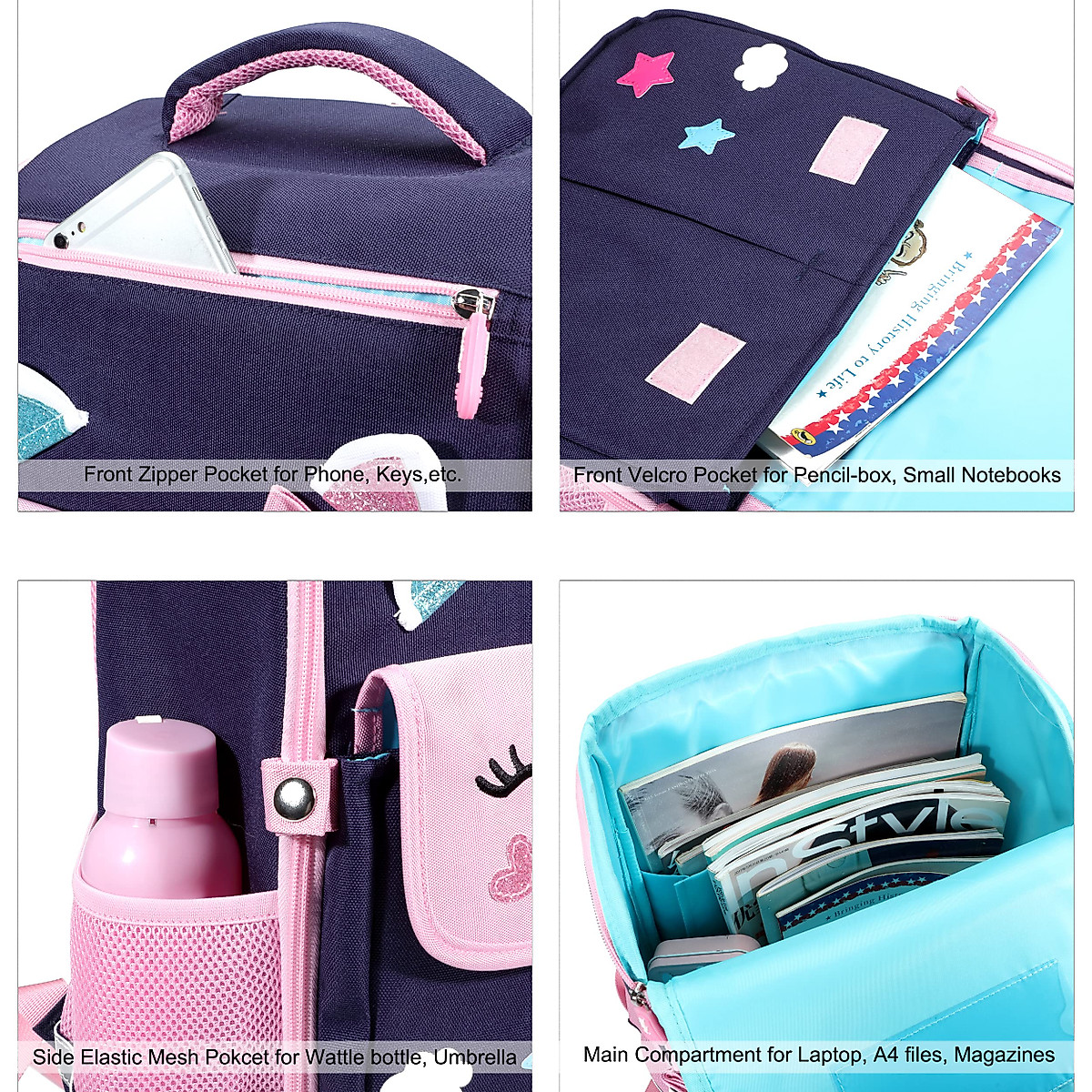 AO ALI VICTORY Unicorn Backpack for Girls with Lunch Box Set Kawaii Kids Toddler Bookbags Cute Kindergarten Preschool Elementary School Bag (Large, Pink Set-3 PCS)