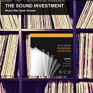 Vinyl Record Outer Sleeves 12 inch, 50 Durable & Crystal Clear Record Sleeves- 12.75'' x 12.75'' Album Covers for Vinyl Records, 3mil Thick Outer Plastic Sleeves for Single & Double LPs Albums