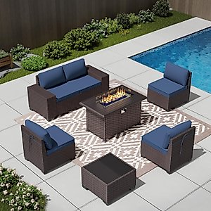 RTDTD Outdoor Patio Furniture Set with Propane Fire Pit Table, 7 Pcs Outdoor Furniture Patio Sectional Sofas Conversation Sets w/ETL Approved 43" Gas Outdoor Fire Table & Coffee Table (Dark Blue)