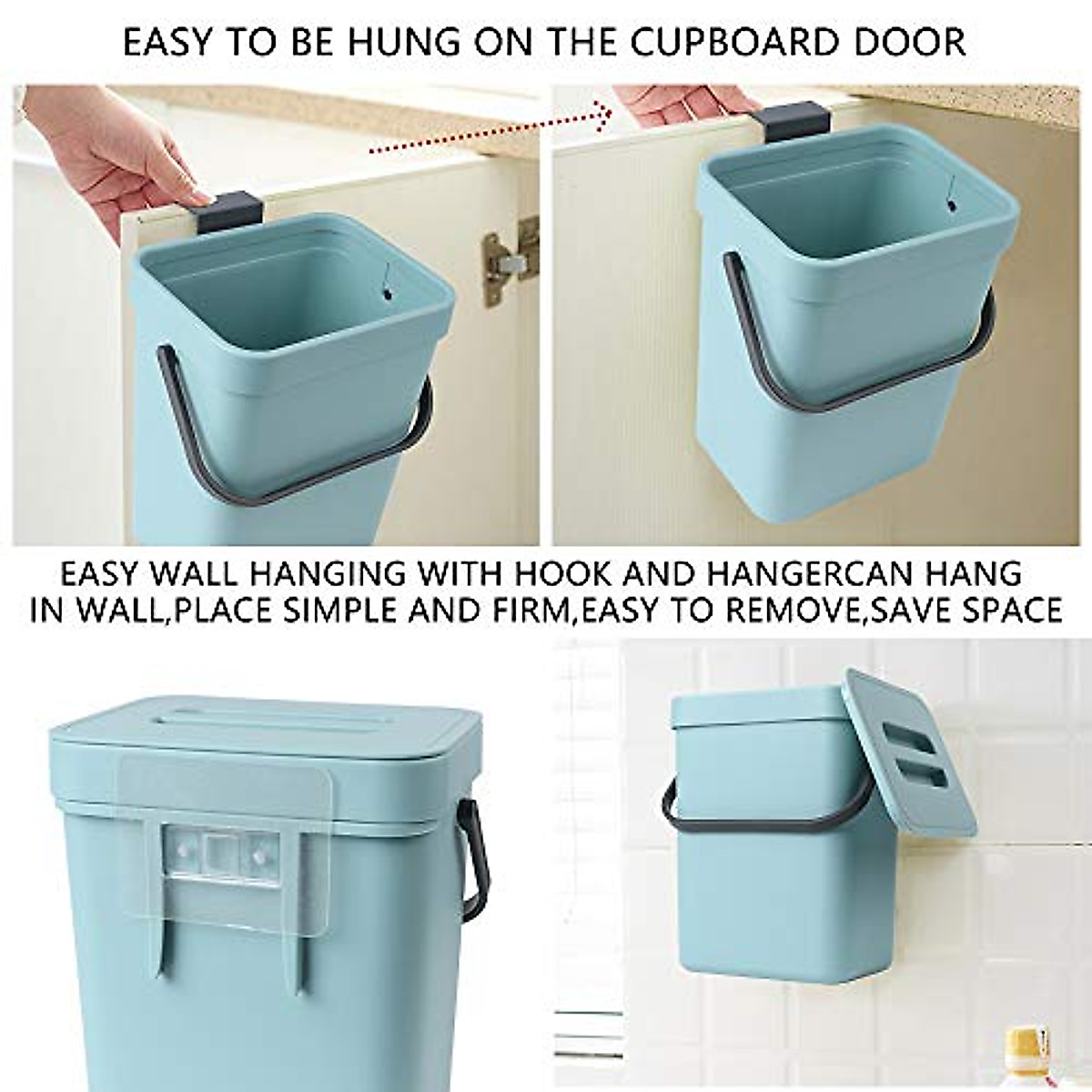 VIGIND Hanging Small Trash Can with Lid Under Sink for Kitchen, 5 L/ 1.3 Gallons Plastic Waste Basket,Food Waste Bin,Kitchen Compost Bin for Counter Top,Bathroom/Office (Blue)