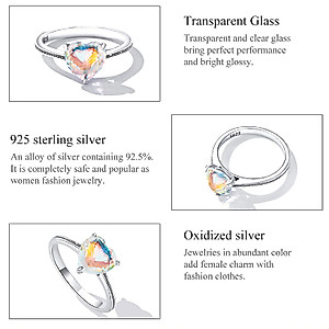 BISAER Love Heart Ring 925 Sterling Silver Band Ring with a Shining heart Colorful Love Cubic Zirconia Promise Jewelry Gifts for Love Size 5-9