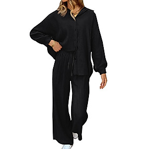 AUTOMET Womens 2 Piece Fall Outfits 2023 Fashion Clothes Lounge Wide Leg Pants Sets Matching Linen Palazzo Two Piece Sweatsuit Tracksuit, Black