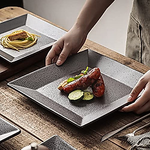 vicrays Ceramic Square Dinner Plates Set 10 inch Large Porcelain Serving Plates for Steak Pasta Pizza - Set of 4 - Dark Grey