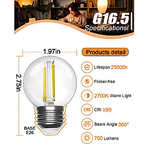 【Upgraded】 E26 Led Bulbs 60 watt G16.5 Led Light Globe Small Light Bulb, Warm White 2700K, Vintage Edison Bulb, Led Edison Bulb 6W for Celling Fan Vanity Light CRI 90+ 750LM, Non-Dimmable, 4-Pack