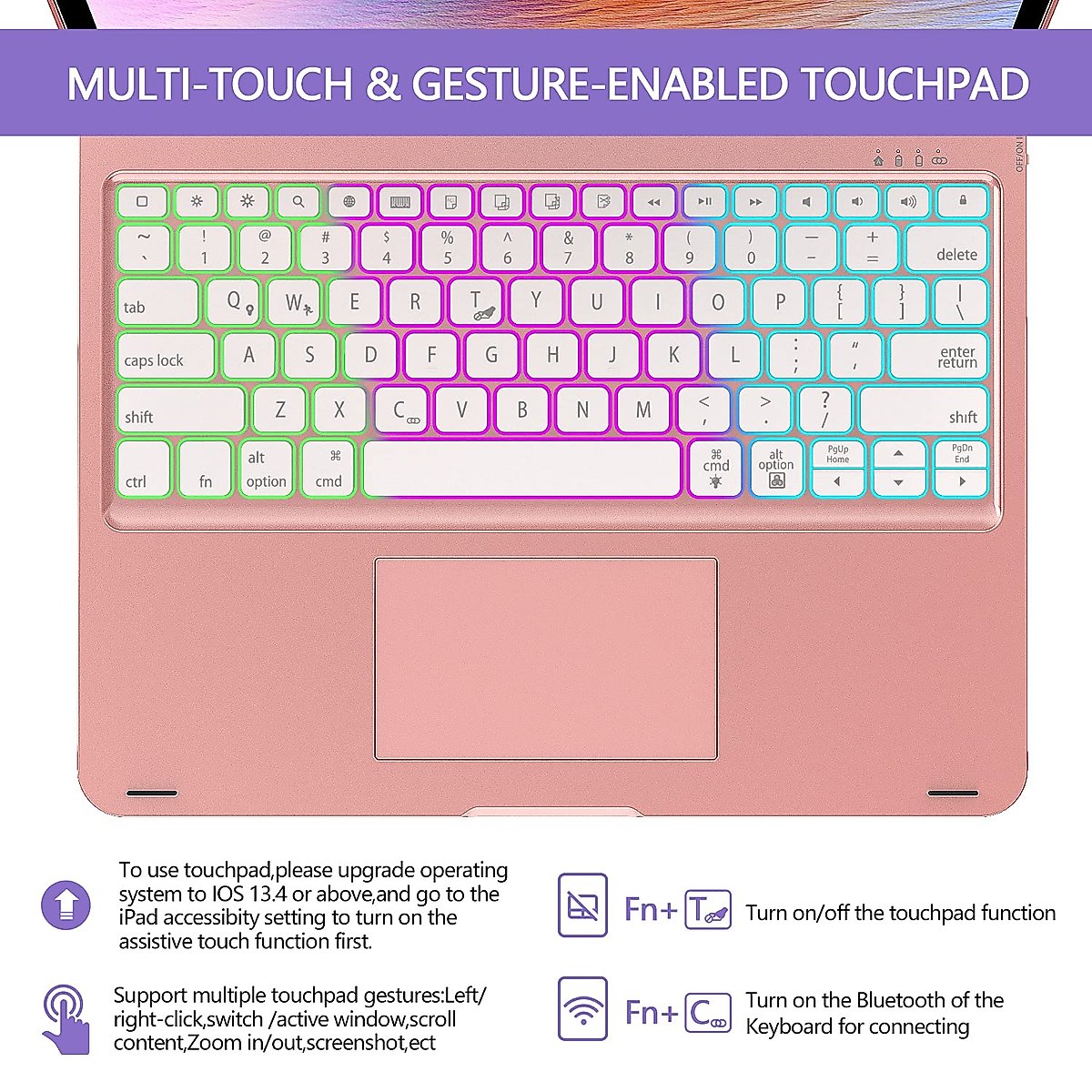 Touch Keyboard Case for iPad Air 13 M2 2024, iPad Pro 12.9 Case with Keyboard 6th/5th/4th/3rd Generation, Trackpad, 360° Rotatable, Wireless Keyboard Cover, 7 Modes Rainbow Backlits with Pencil Holder