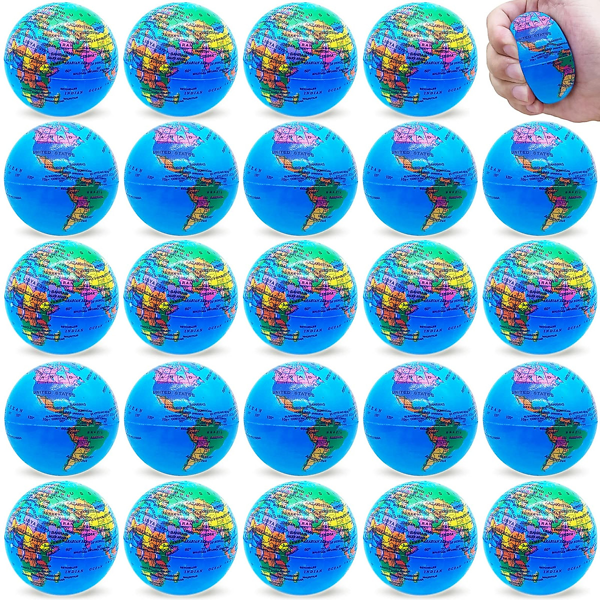 24 PCS Globe Squeeze Balls,2.5 Inch Stress Ball,Pressure Relieving Health Balls,Foam Squeeze Balls for Kids,School,Classroom,Party Favors