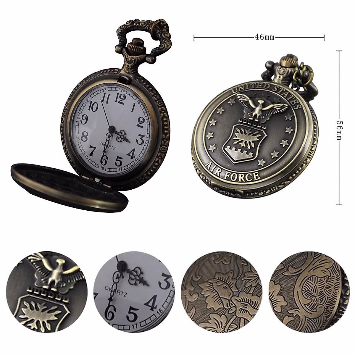 VIGOROSO Vintage Retro Pocket Watch UNITED STATES AIR FORCE Style Bronze Steampunk Chain in Box