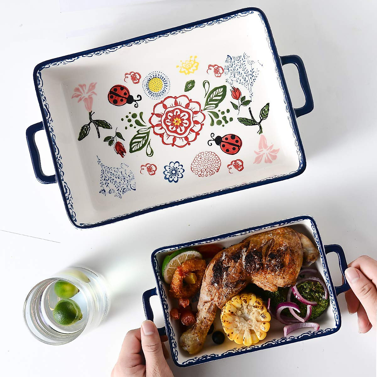 BFU Ceramic Baking Dish Rectangular Bakeware Set Baking Pan, 2-Piece Stoneware Hand-Painted Lasagna Pan for Cooking, Cake dinner (Blue, 10.63"L x 7.48"W x 2.28"H)