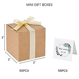 VGOODALL 50PCS Mini Gift Boxes, Candy Treat Boxes Brown Favor Boxes with Greeting Cards Ribbon Tiny Cardboard Boxes for Bridal Shower Birthday Party