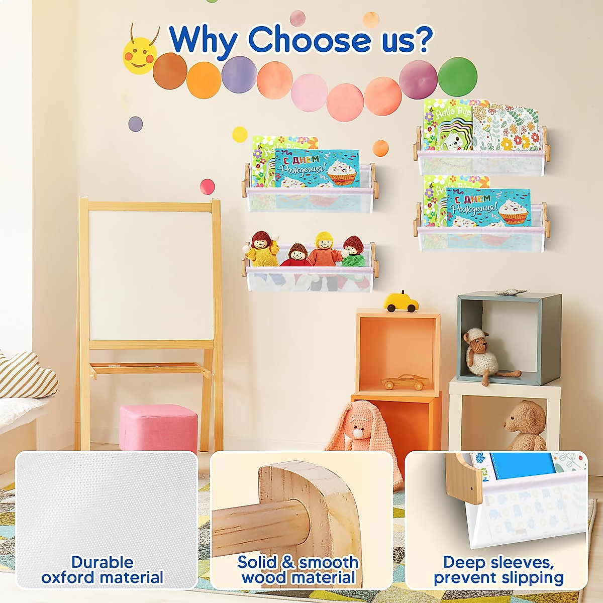 Kids Bookshelf, Nursery Book Shelves Set of 4, Wood Floating Book Shelf for Kids Rooms, Kids Book Rack Storage Bookshelf with Deep Sleeves for Kids Bedroom Toddler Room Decor Book and Toy Organizer