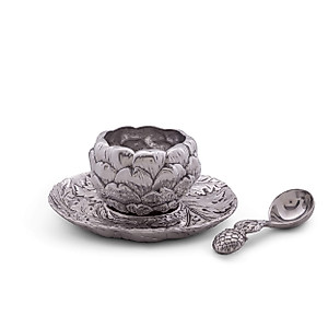 Arthur Court Aluminum Artichoke Condiment Set 3 piece Bowl, Tray, Spoon 7 inch Diameter Tray