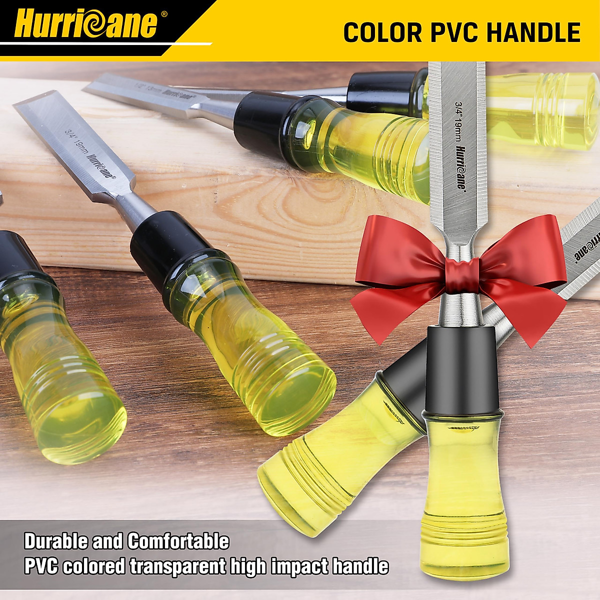 Hurricane 4 Piece Wood Chisel Set for Woodworking, CR-V Steel Beveled Edge Blade, Durable PVC High Impact Handle Wood Chisel