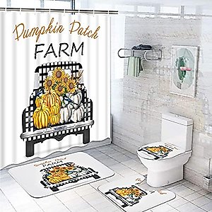 Ikfashoni 4Pcs Fall Shower Curtain Set with Non-Slip Rugs, Toilet Lid Cover and Bath Mat, Thanksgiving Farmhouse Truck Shower Curtain with 12 Hooks, Autumn Pumpkin Shower Curtain for Bathroom