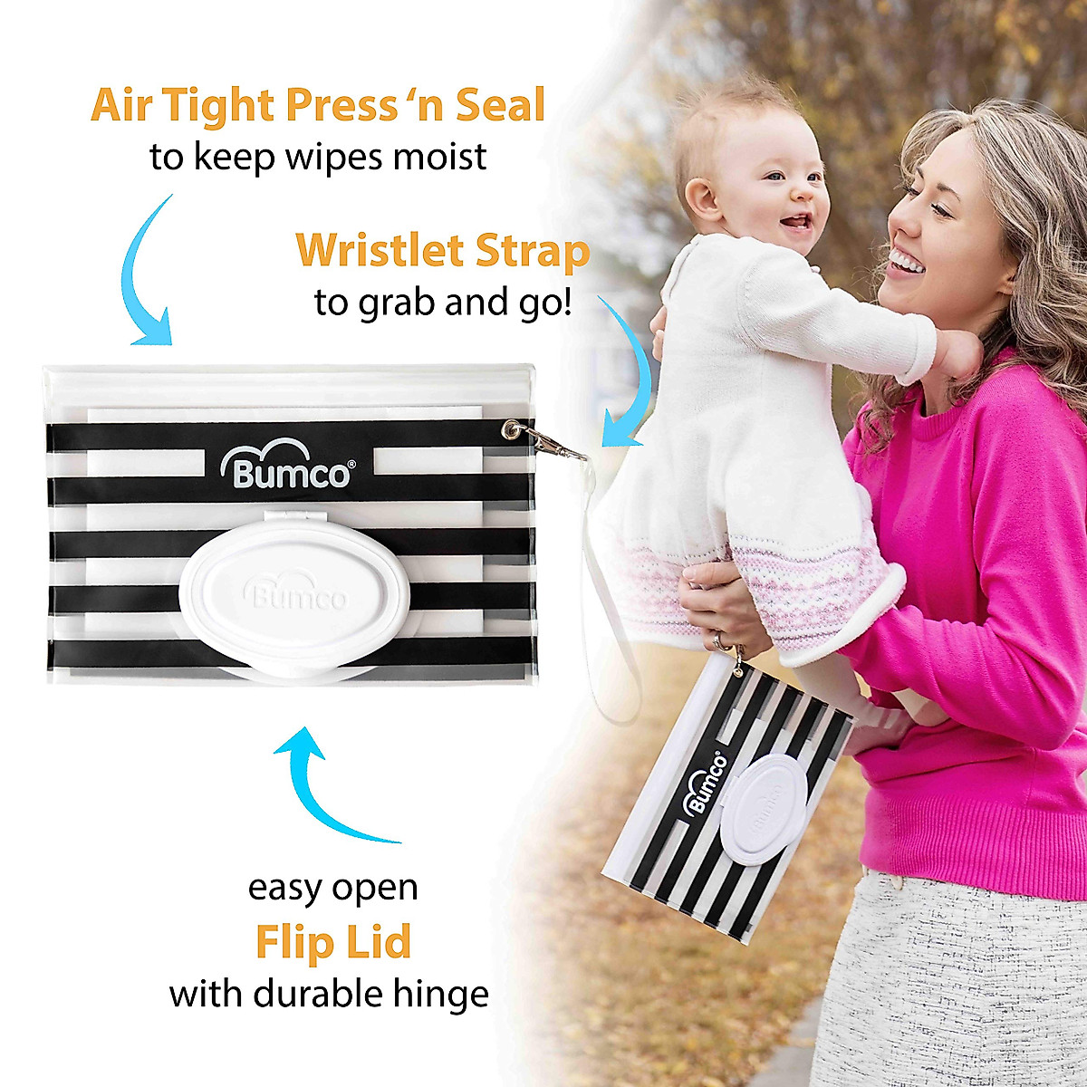 Bumco Diaper Bag Wet Wipes Dispenser, Reusable Refillable Pouch, Organizer for Travel, Carrying Clutch, Unique Baby Gift for Girl/Boy, (Gold & Black)