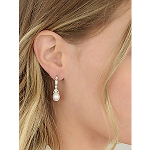 Mariell Cultured Freshwater Pearl Bridal Drop Earrings with Cubic Zirconia Crystals, Ivory Pearl Wedding Earring for Brides, Bridesmaids, Mother of the Bride and Everyday Wear