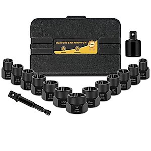 Pgroup Impact Bolt & Nut Remover Set, 15 Pcs (Cr-Mo) Bolt Extractor Tool Set with 3/8 "to 1/4" Hex Adapter and Impact Adapter Reducer 3/8 "to 1/2", Extraction Socket Set for Nuts & Screws with Case