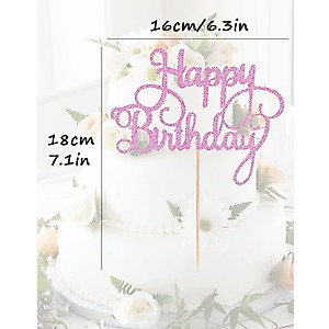 AHAORAY Happy Birthday Cake Topper - Pink Glitter Happy Birthday Cake Bunting Decor - Birthday Party Cake Decoration Supplies, for Photo Booth Props