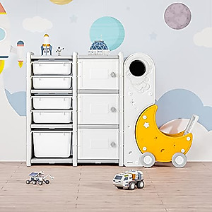 duke baby Kids 3 Layer Toy Storage Organizer with 5 Storage Bins, 3 Toy Cabinets with Doors, Display Bookshelves and Toy Cart for Kids Playroom Bedrooms Age 1-12, Space Collection Medium