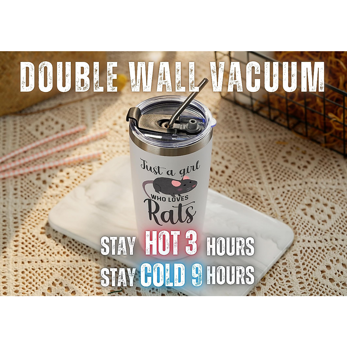 Onebttl Rat Gifts For Girls, Gifts for Rat Lover, Just A Girl Who Loves Rats 20 oz/590 ml Stainless Steel Insulated Tumbler with Straw, Lid, Gifts Card