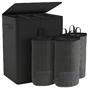 Raybee Laundry Basket 180L Laundry Hamper with Lid Black Laundry Basket 3 Section Laundry Hamper with Removable Bags Collapsible Dirty Clothes Hampers for Laundry Closet Bathroom 24.8''L*16.1''W*27''H