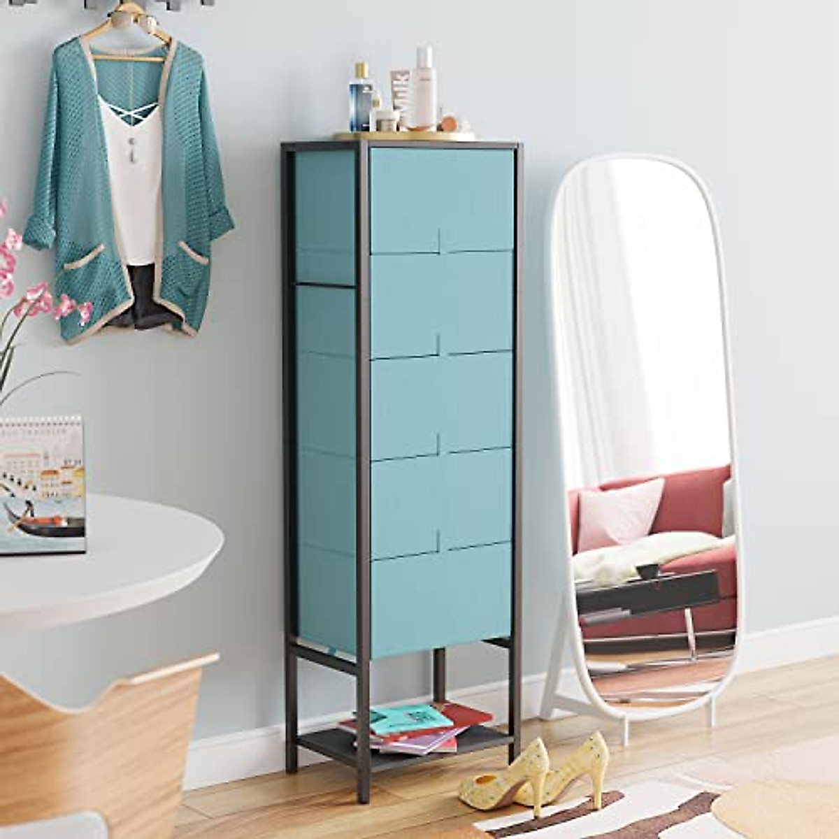 CubiCubi Dresser for Bedroom, Tall Dresser with 5 Drawers Oxford Fabric Dresser, Storage Tower Organizer for Closet, Hallway, Living Room, College Dorm, Steel Frame, Wood Top, Tiffany Blue