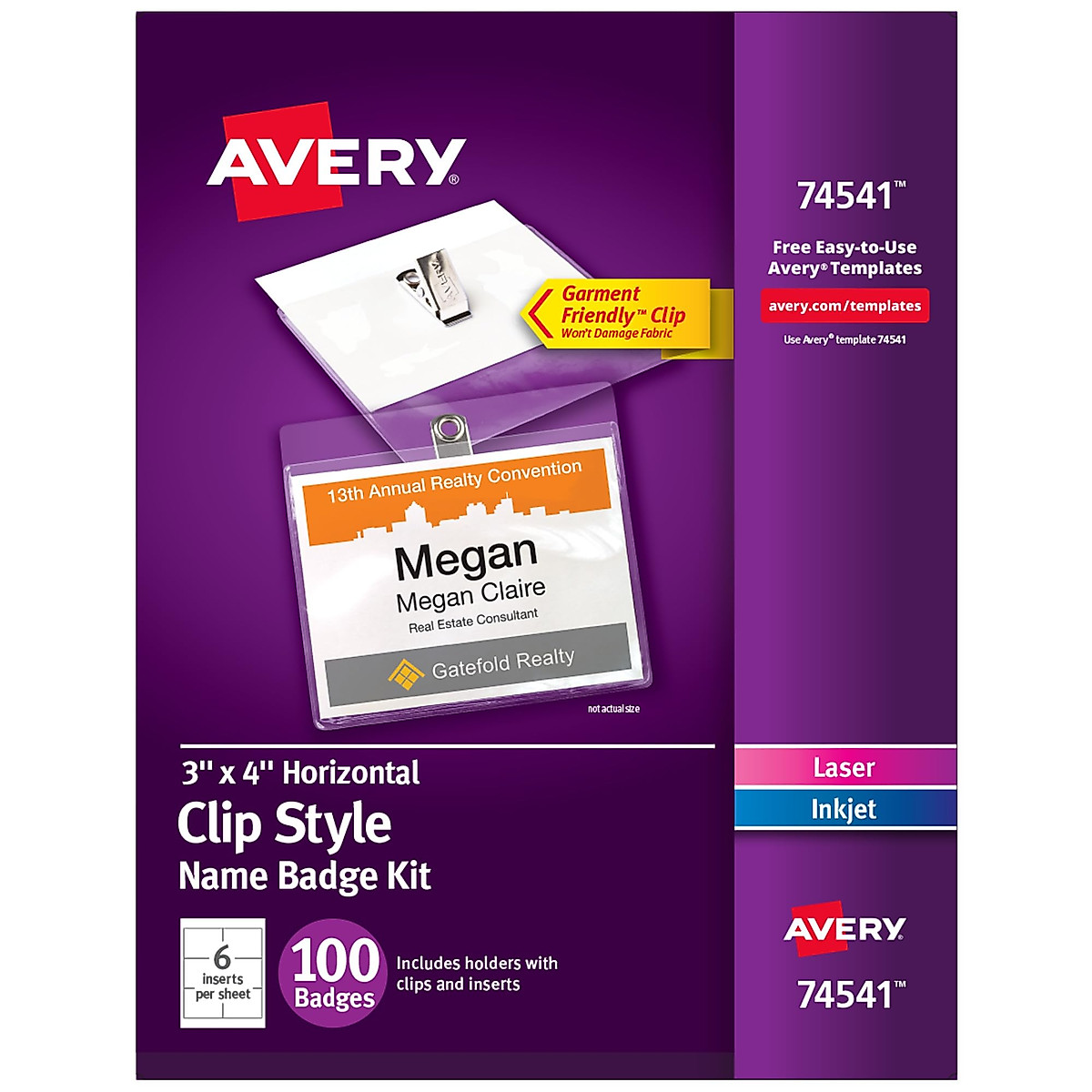 Avery Customizable Name Badge Clips, 3" x 4", White, 100 Printable Inserts and Badge Holders with Clips (74541)