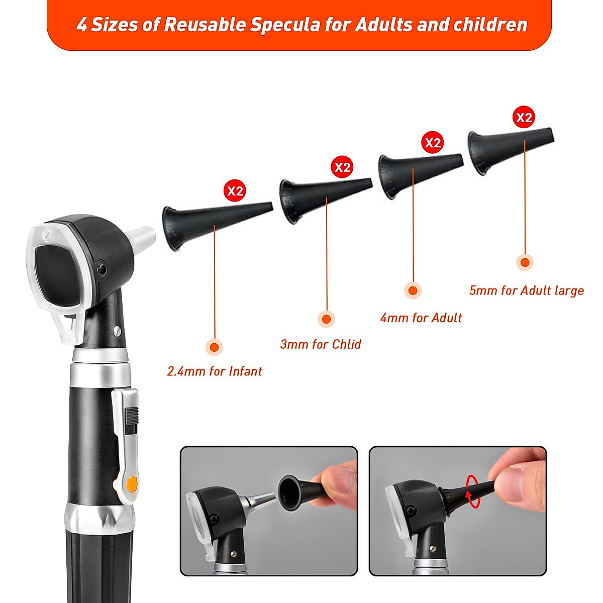 Scian Otoscope - Ear Scope with Light, Fiber Optic Otoscopes with Hard Plastic Case, Pocket Ear Infection Detector for Nurses,Kids,Elders,Home Use (Black)