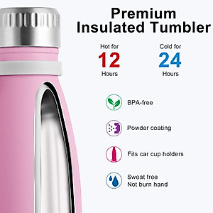 koodee Insulated Water Bottle 2 Pack-17 oz Stainless Steel Double Wall Vacuum Insulated Water Bottle, Cola Shape Leak Proof Sports Flask (Baby Blue-Purple Pink)