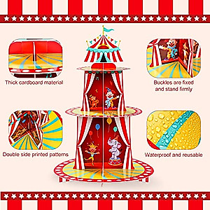 Circus Carnival Cupcake Stand, 3 Tier Cupcake Holder with Cartoon Circus Carnival Tent for Kids Birthday Celebrations Themed Party Favor Decoration