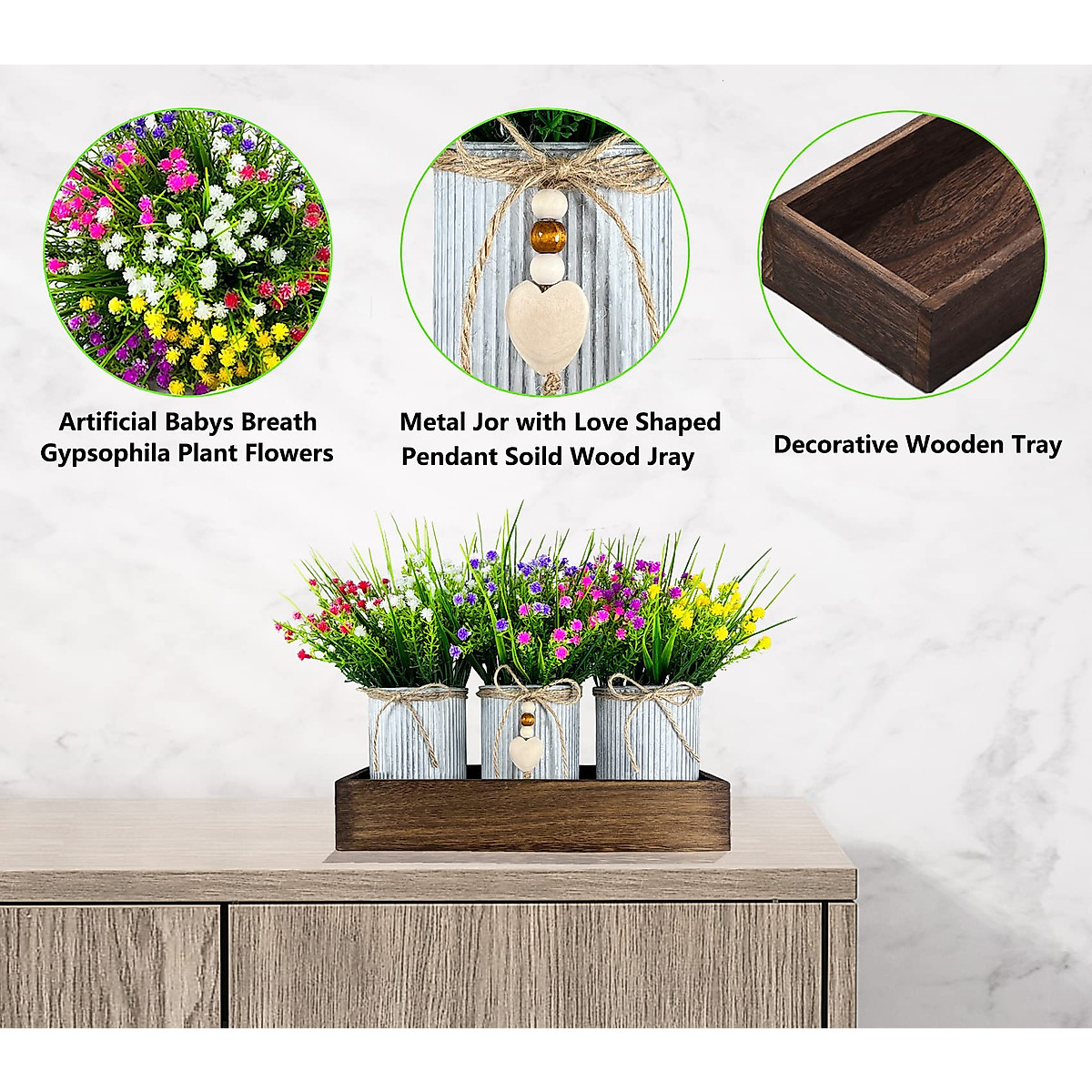 CALAVAK Decorative Centerpiece Wooden Tray with 3 Metal Potted Artificial Babys Breath Gypsophila Plant Flowers Rustic Country Farmhouse Décor for Dining Room, Living Room and Kitchen Table