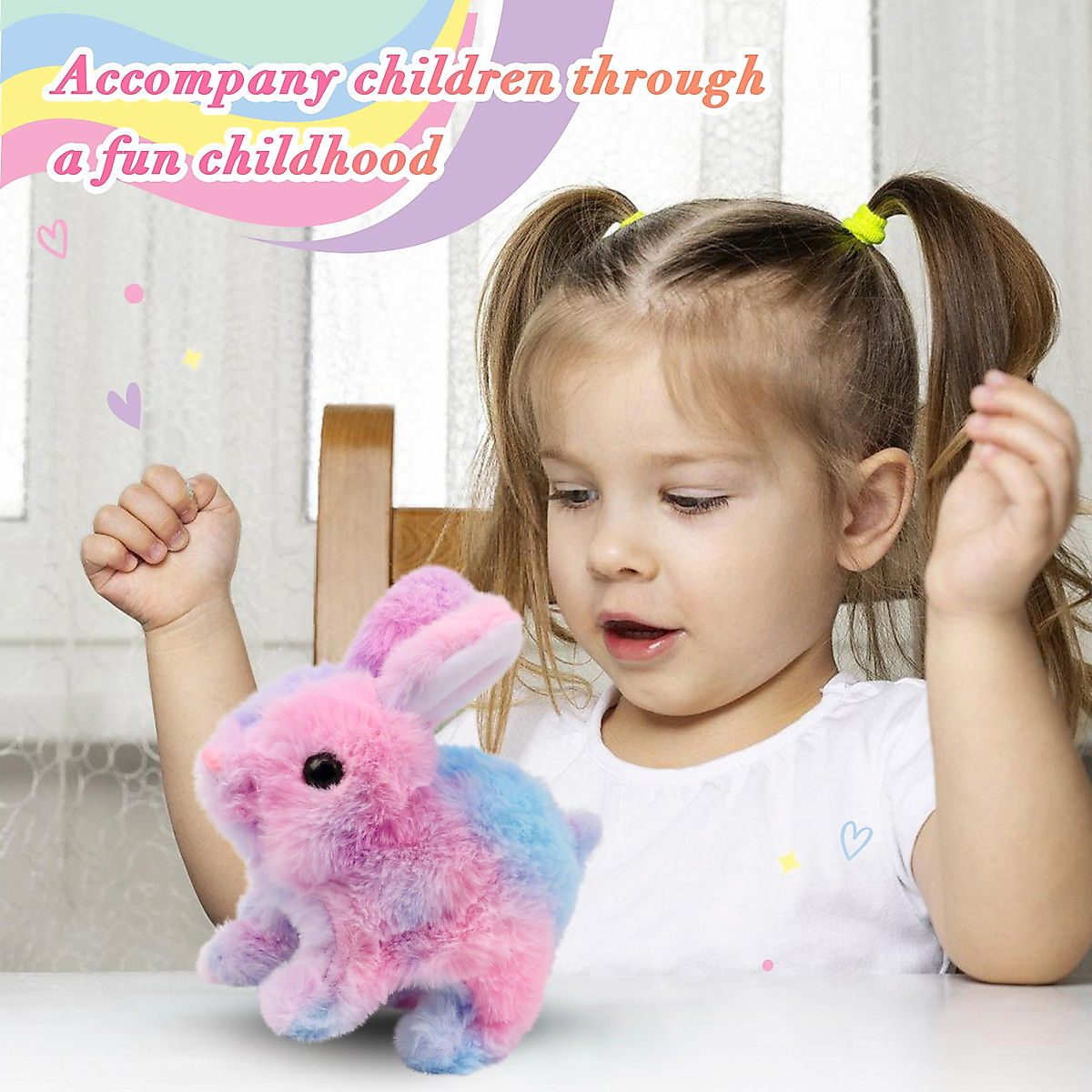 Easfan Easter Rabbit Pink Plush Jumping Spotted Rabbit Talking Hopping Ears Nose Moving Educational Plush Toy Singing Shaking Glowing Interactive Toy Electric for Toddlers Kids