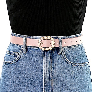 Allegra K Womens Pearl Waistband Skinny Leather Adjustable Pin Buckle Belt for Jeans Dresses Pants 75-90cm/29.53"-35.43" Light Pink
