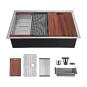 ALWEN 32X19 inch Ledge Workstation Undermount kitchen Sink 304 Stainless Steel Single Bowl Kitchen Sink