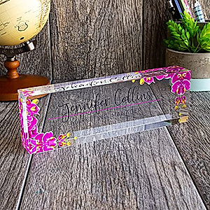 Premium Clear Acrylic Glass Block Unique Designed Name Plates for Your Desk - (8"x2.5") – Orchids