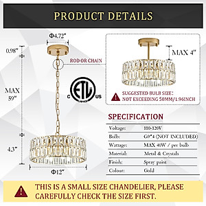 CATINER Gold Crystal Chandeliers, Modern Semi Flush Mount Chandelier 4-Ligh Drum Crystal Ceiling Pendant Light Fixture 12” for Foyer Entryway Kitchen Hallway Dining Room